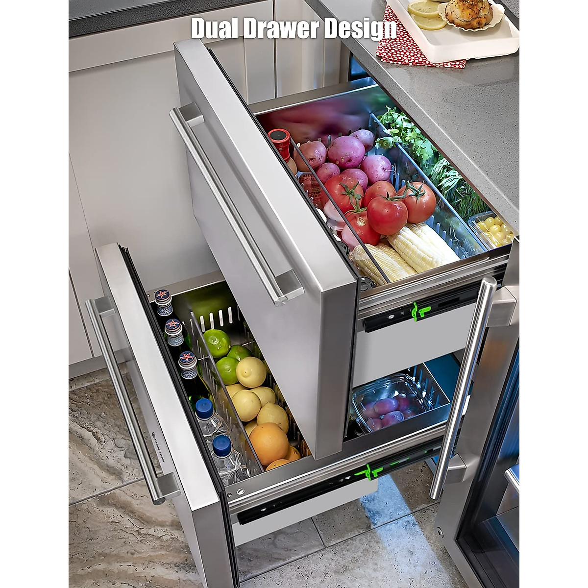 Enocreay Outdoor Drawer Refrigerator, Built-In Under Counter Drawer Fridge Beverage Cooler with Stainless Steel Door, 185 Cans Capacity with Drink Dispenser for Island Kitchen Home Bar