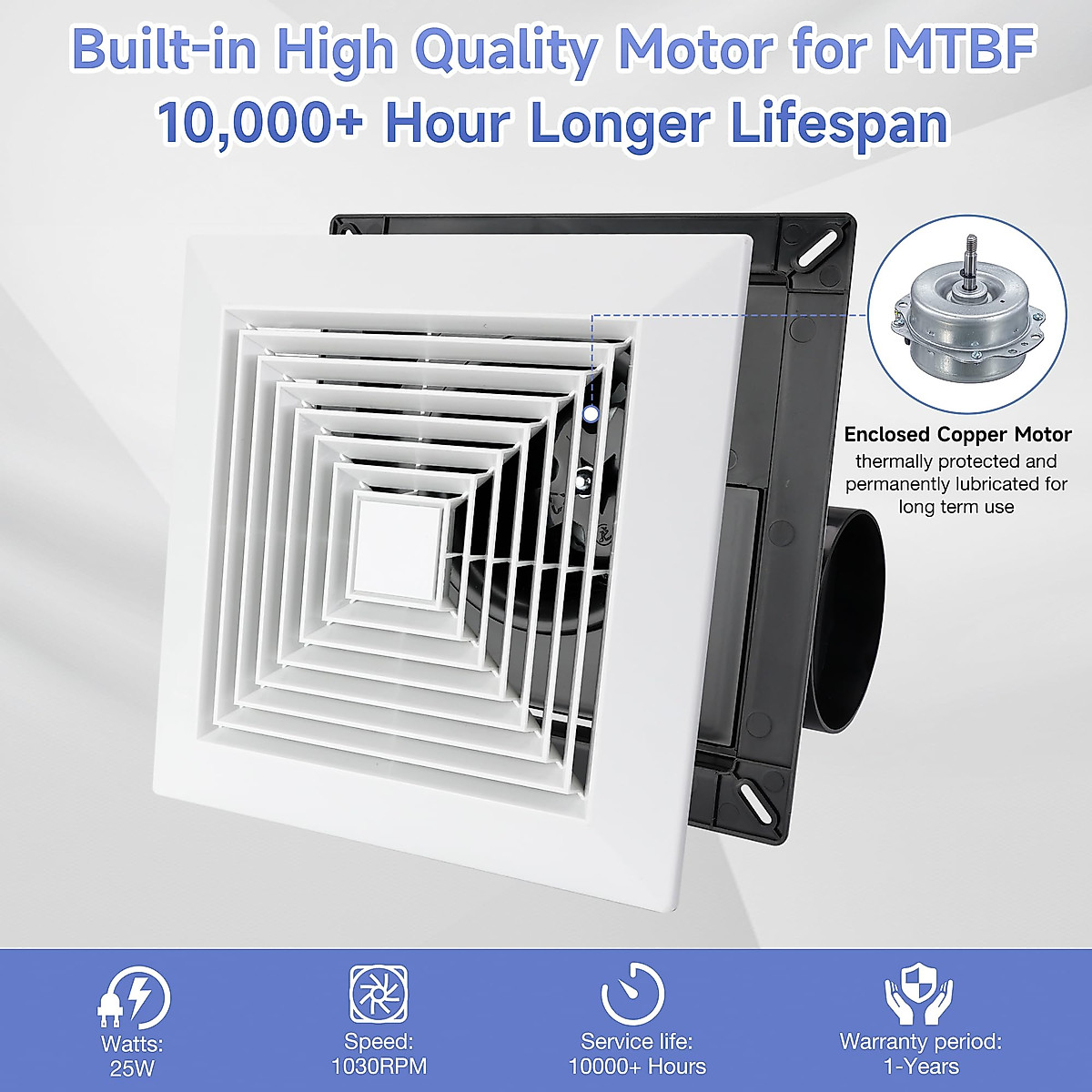 Fanspex Bathroom Ceiling Exhaust Fan, Household Bath Vent Ventilation Fan with 0.95 Sones Quiet Operation, 90 CFM, 4-in Duct, 25W Energy-Saving, 9.8"x9.8" (Installation Size 8.2"x8.2")