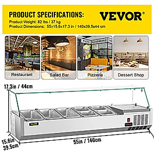 VEVOR Refrigerated Condiment Station, 55-Inch, 13.8Qt Sandwich Prep Table with 3 1/3 4 1/6 Pans, 150W Salad Bar with 304 Stainless Body Tempered Glass Shield Digital Temp Display Auto Defr, Silver