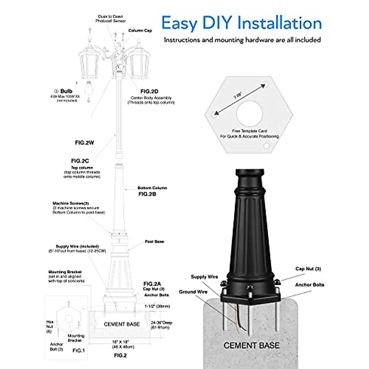 VIANIS Outdoor Lamp Post Lights with Dusk to Dawn Sensor, Triple Head Street Pole Light Fixtures Waterproof, Outside Electric Lantern Backyard Lighting, Christmas Lamp Post for Garden Patio Driveway