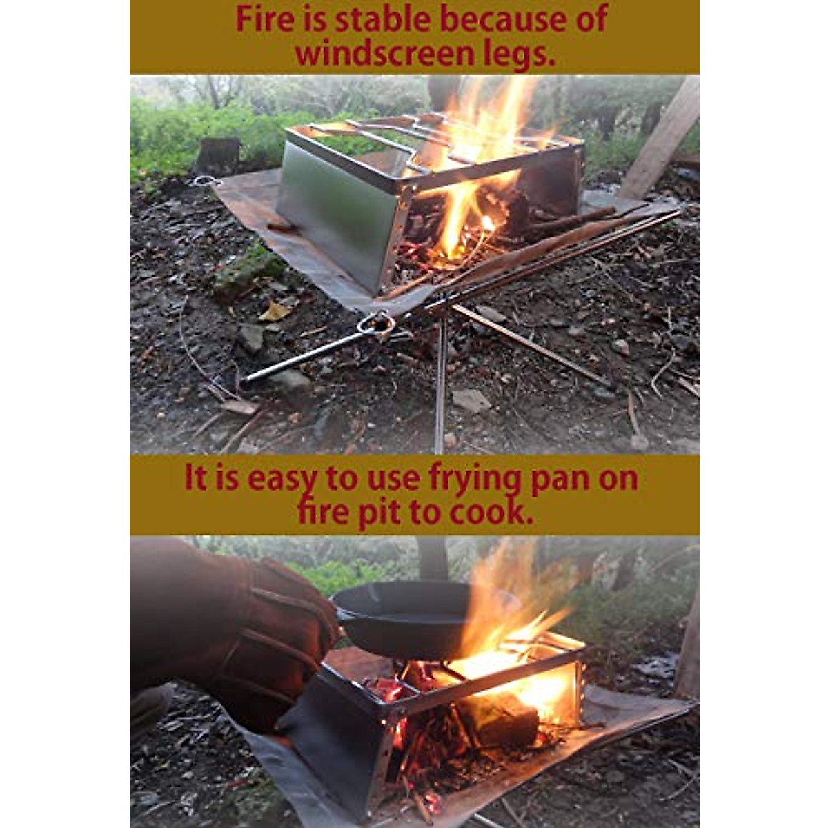 CAMPINGMOON 304 Stainless Steel Portable Open Fire Campfire Grill for Dutch Oven Cooking Ware with Windscreen Legs and Carrying Bag MS-1018