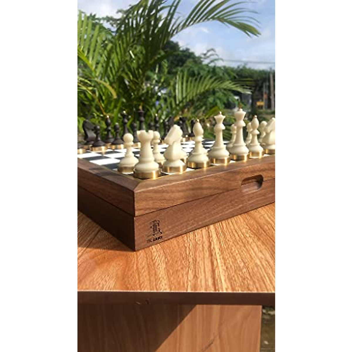 Ttc games Premium Chess Set, 11''x11 Wooden Leather Chess Board, Resin and Brass Chess Pieces, with Storage, a Luxury Gifts and Decor