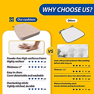 AAAAAcessories D-Shaped Chair Cushions for Dining Chairs with Ties and Removable Cover, 2" Thick Dining Kitchen Chair Pads, Indoor Dining Room Chair Cushions, 17" x 16", Set of 4, Beige