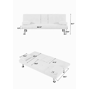 MWrouqfur 66" Modern Linen Fabric Sofa Bed Futon,Convertible Folding Sleeper Couch Bed with Cup Holders w/Removable Armrest,Loveseat Recliner Sofa for Living Room Apartment Office (Grey)