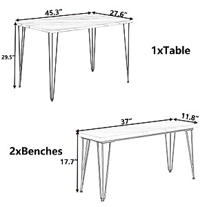 LIADTOP, 3-Piece Kitchen Sets,Rustic Farmhouse Faux Marble Dining 2, Thick Table/Bench Top with Iron Frame for 4,White+Gold