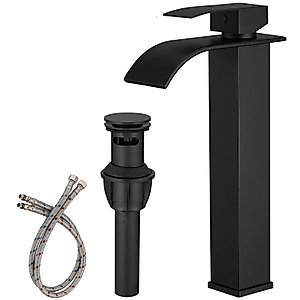 Bathfinesse Vessel Sink Faucet Waterfall Bathroom Faucet Matte Black Stainless Steel Tall Single Handle One Hole Deck Mount Bowl Vanity Sink Faucet with Pop-up Drain Stopper