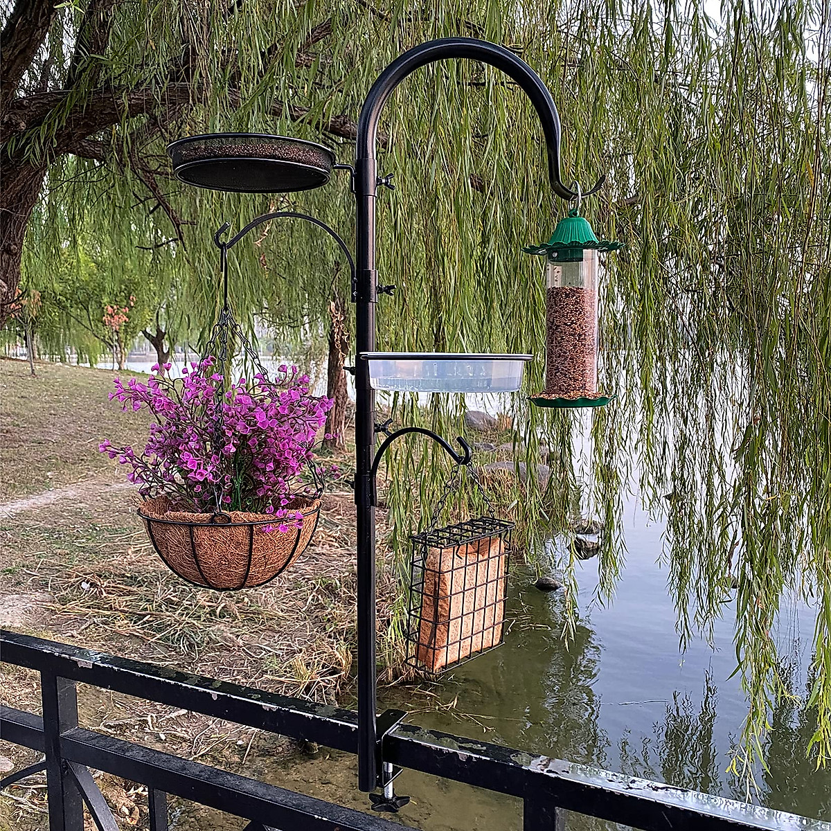CQAIRIOU Upgraded Bird Feeding Station Kit,Deck Railing Bird Feeder Pole with 3 Hooks,Bird Bath,Mesh Tray and Suet Cage,Multi-Design Style,Used for Balcony Bird Feeder&Plant Hanger