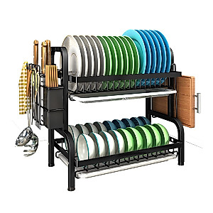 Dish Drying Rack, Rustproof 2-Tier Dish Rack -Multifunctional Dish Rack with Utensil Holder, Cutting Board Holder and Dish Drainer for Kitchen Counter (Black)