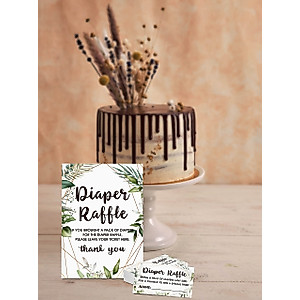 Diaper Raffle Baby Shower Game Set(1 Standing Sign + 50 Guessing Cards), Greenery Diaper Raffle Tickets for Baby Shower, Gold Foil Baby Shower Party Favor Decor - A14