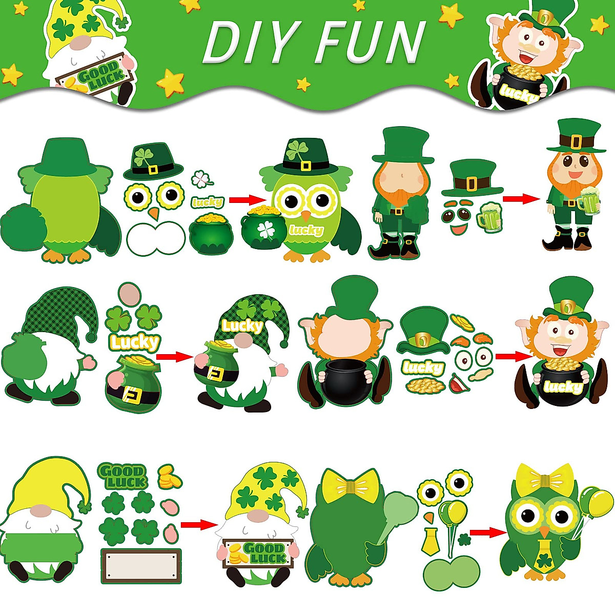 chiazllta 30 PCS St. Patricks Day Craft Kits for Kids DIY Leprechauns Shamrock Owl Gnome Sticker Craft Ornament St. Patricks Art Craft for Party Home Class School Game Activities