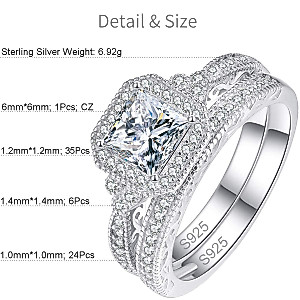 Yaresul 0.8ct Princess Cut Engagement Ring Sets 6X6mm White AAA Solitaire Cubic Zirconia Engagement Ring Set 925 Sterling Silver Wedding Ring Set for Women Size 9