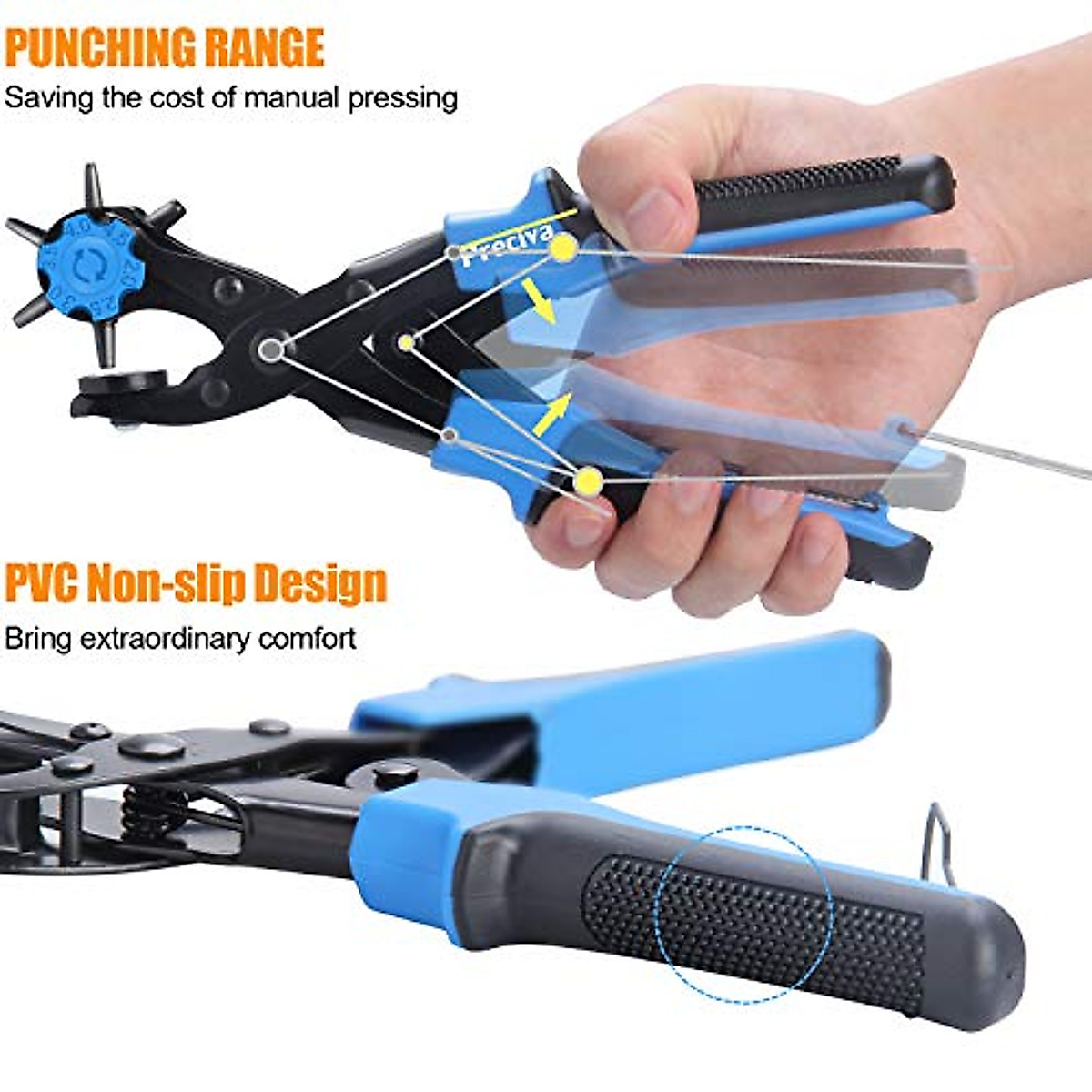 Preciva Hole Punch Plier Set, Revolving Punch Hole Tool Kit with Punch Plier, Ruler, Grinding Rod, Plastic Hammer,240pcs Leather Double Cap Rivets and 100pcs Leather Snap Fasteners
