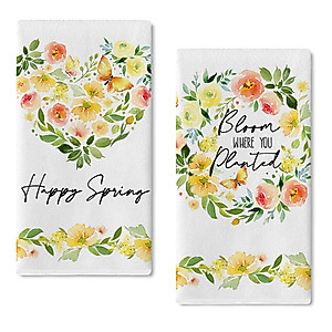 Seliem Happy Spring Flower Heart Floral Wreath Kitchen Dish Towel Set of 2, Bloom Where You Planted Hand Towel Drying Baking Cooking Cloth, Watercolor Rose Seasonal Kitchen Decor 18x26 Inches