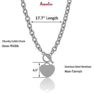 Avanlin Heart Toggle Necklace Silver Stainless Steel Pendant Choker Charm Necklaces Cable Chain Jewelry for Women Girls