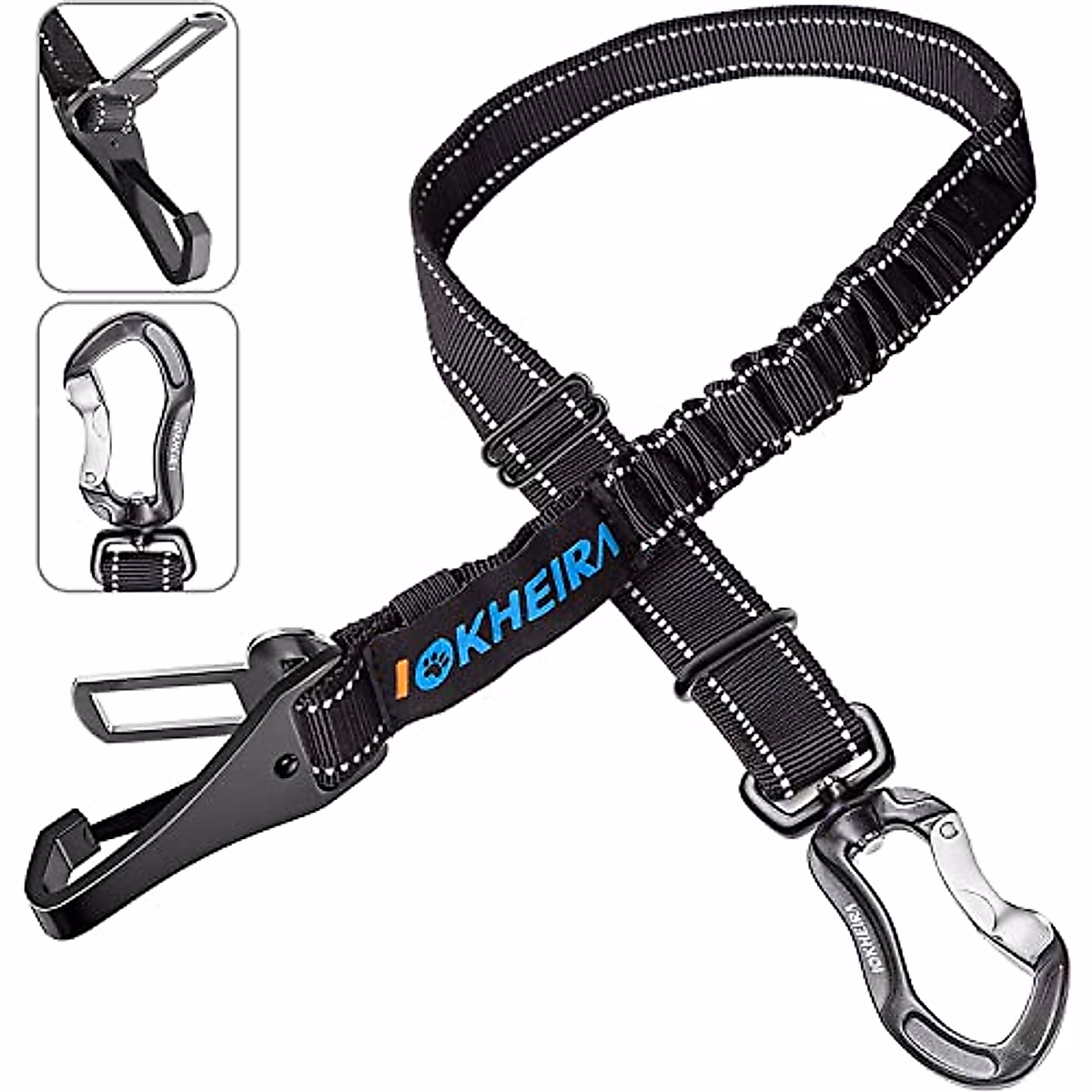 IOKHEIRA Dog Seatbelt, Updated Adjustable Harness Reflective Bungee Dog Car Seat Belt with Aviation Aluminum Alloy Rotatable Carabiner, Hook & Buckle