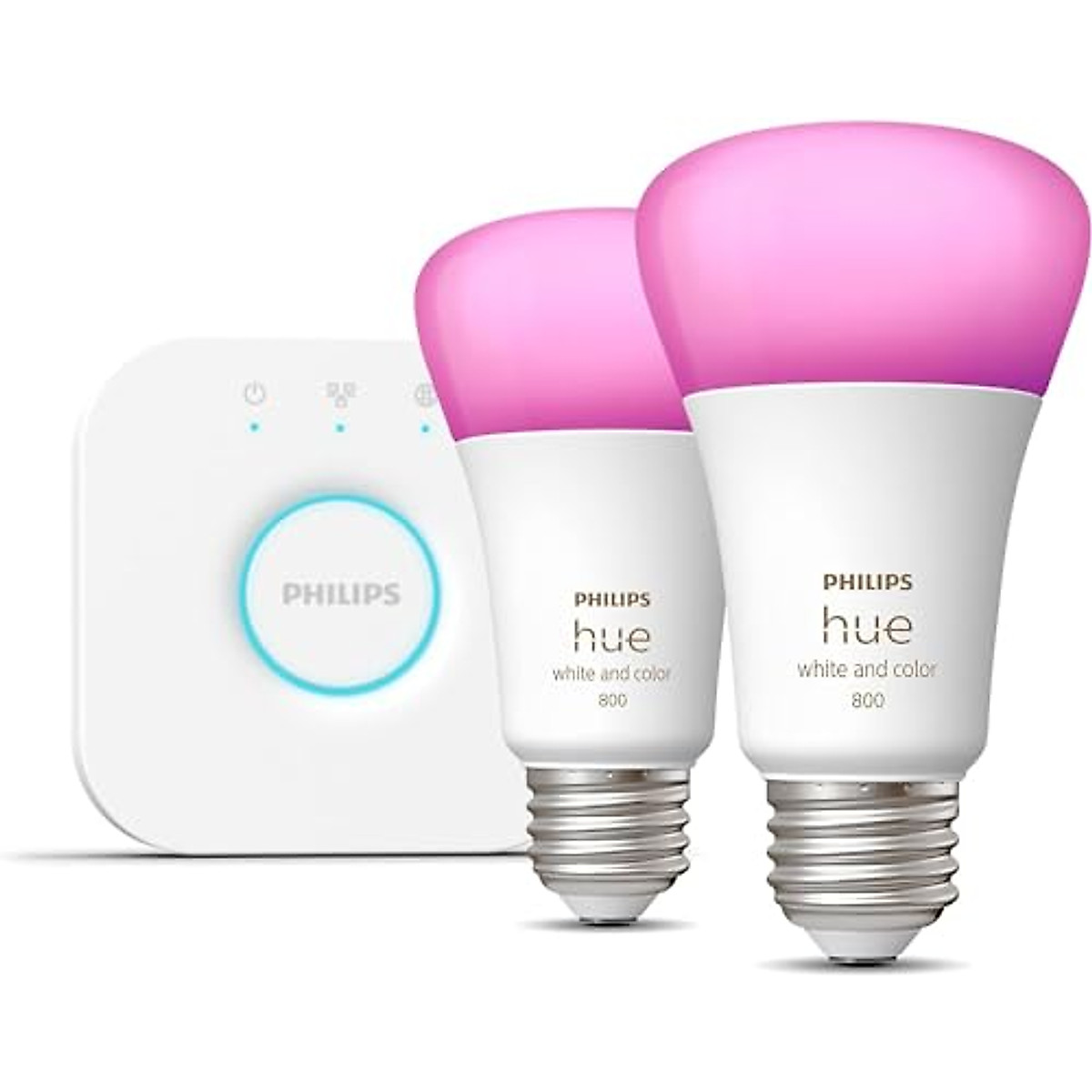 Philips Hue Smart Light Starter Kit - Includes (1) Bridge and (2) 60W A19 LED Bulb, White and Color Ambiance Color-Changing Light, 800LM, E26 - Control with App or Voice Assistant
