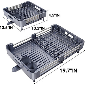 Dish Drying Rack, Kitchen Dish Drainer Rack, Expandable(13.2"-19.7") Stainless Steel Sink Organizer Dish Rack and Drainboard Set with Utensil Holder Cups Holder for Kitchen Counter