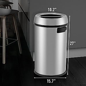 PioneerWorks 65 L / 17 Gal Open Top Trash Can Commercial Grade Heavy Duty Brushed Stainless Steel for Outdoor | Kitchen Waste Bins Home House Family