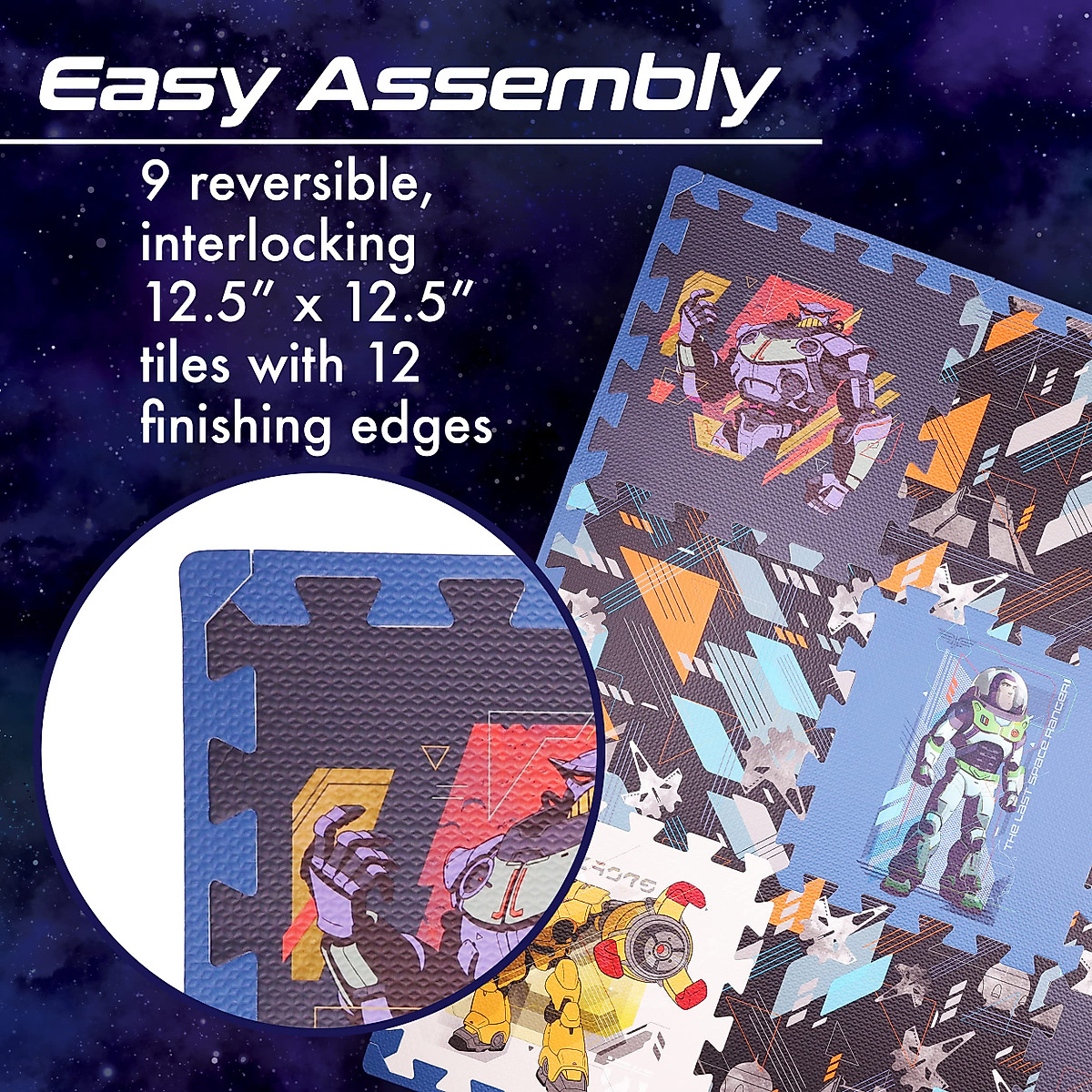 Disney Pixar Lightyear Kids Foam Mat, Interlocking Puzzle Non Slip and Non Toxic Exercise Play Mat Flooring Tiles, Blue, 36 x 36 Inches, 9 Tiles