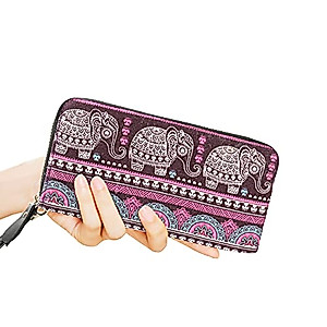 LATH.PIN RFID Blocking Bohemian Purse Wallet Canvas Elephant Pattern Handbag with Coin Pocket and Strap