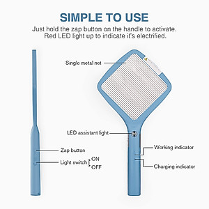 mafiti 2 in 1 Electric Fly Swatter Rechargeable with Flashlight Mosquito Zapper Bug Zapper Racket Fly Killer Indoor Outdoor Camping Accessories (Blue)