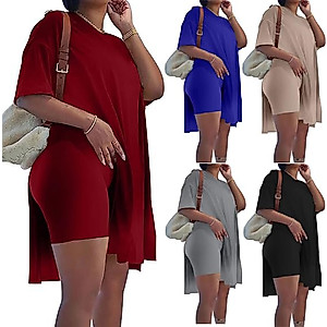 AXOSY Women Plus Size 2 Piece Outfits Short Sleeve Tunic Tops and Skinny Biker Shorts Sets Tracksuits Brown,3X-Large