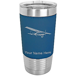 LaserGram 20oz Vacuum Insulated Tumbler Mug, High Wing Airplane, Personalized Engraving Included (Faux Leather, Blue)