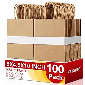 XPCARE 100Pack Brown Paper Bags 8x4.5x10 Inch, Plain Medium Paper Bags with Handles Bulk, Kraft Paper Gift Bags, Retail Bags, Party Bags, Shopping Bags, Favor Bags
