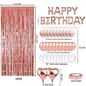 Rose Gold Birthday Party Decorations Set with Rose Gold Happy Birthday Balloon Banner, Confetti and Latex Balloon Heart Foil Balloon, Fringe Curtain for Rose Gold Theme Birthday Party Supplies