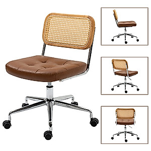 Newnno Armless Home Office Chair with Wheels, Modern Leather Desk Chair with Rattan Back for Office Study, Adjustable Upholstered Tufted Swivel Computer Task Chair, Brown
