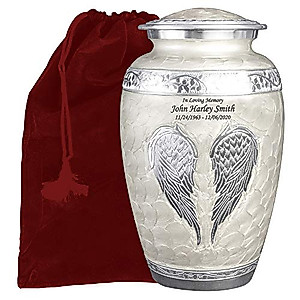 Custom Engraved Angel Wings Funeral Cremation Urn with Velvet Bag (Pearl White, Large)
