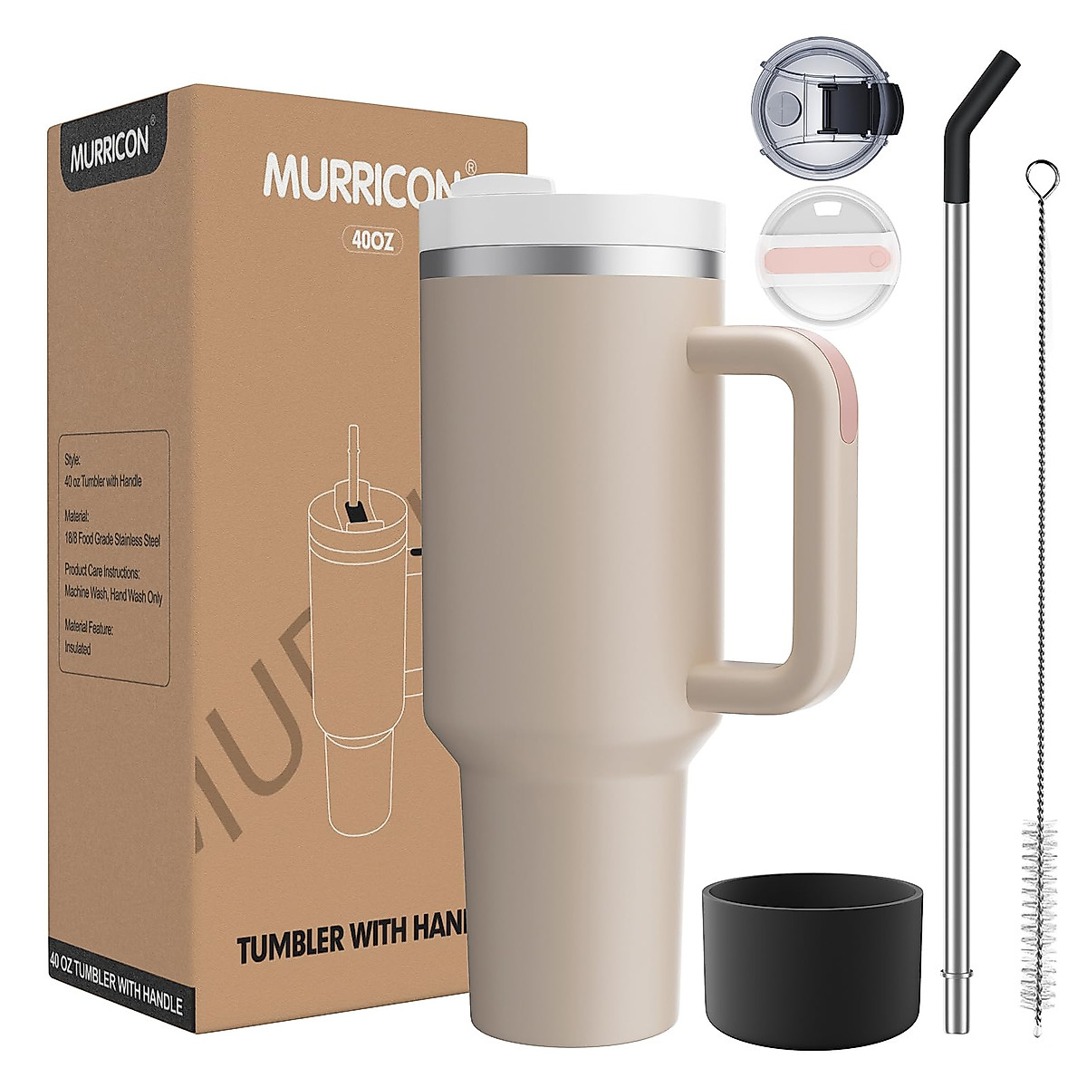 MURRICON 40 oz Tumbler with Handle and Straw,Reusable Vacuum Quencher Tumbler with Lid,Stainless Steel Insulated Travel Mug,for Coffee and Beverages(Rose Quartz)
