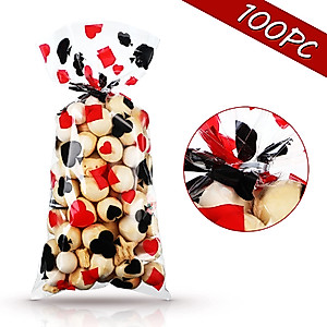100 Pieces Casino Party Cellophane Treat Bags, Black Red Las Vegas Poker Party Plastic Candy Bags Goodie Favor Bags with 100 Silver Twist Ties for Casino Themed Poker Birthday Party Supplies
