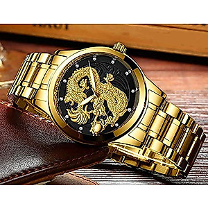 Udaney Mens Golden Dragon Watches Quartz Business Wristwatch Stainless Steel Strap Gifts for Father Husband
