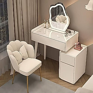 Attega Cute Vanity Desk Set, Makeup Vanity Table with Side Cabinet and Petal Chair, Dressing Table Set for Small Bedroom (White, 19 Inch)