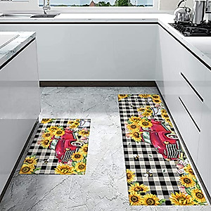 Teamery Kitchen Mats for Floor, Red Truck with Farm Sunflower Black Buffalo Plaid Kitchen Rugs, Kitchen Organization Anti-Fatigue Kitchen Mat, Kitchen Decor Runner Rug Room Decor Standing Desk Mats