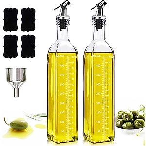 Showvigor Olive Oil Dispenser Bottle Set of 2, Oil and Vinegar Cruet Set 17oz/500 ml,Oil Bottles for Kitchen,Square Tall Glass Oil Bottle with 4 Labels, 2 Pourers and 1 Funnel as Kitchen Helper