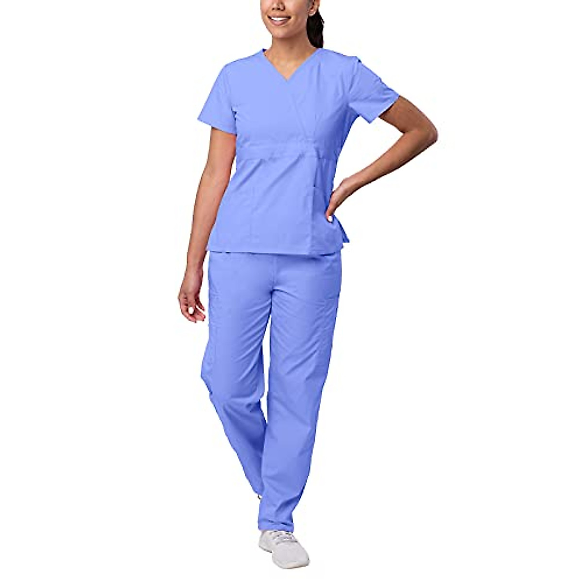 Sivvan Scrubs for Women - Mock Wrap & Cargo Pants Scrub Set - S8401 - Ceil Blue - XL