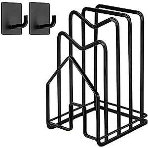 SUNFCON Cutting Board Holder Rack Pot Pan Lids Holder 2 Adhesive 304 Stainless Steel Hanging Hooks Chopping Board Organizer Thin Bakeware Tray Dry Display Stand Kitchen Countertop Cabinet Office Black