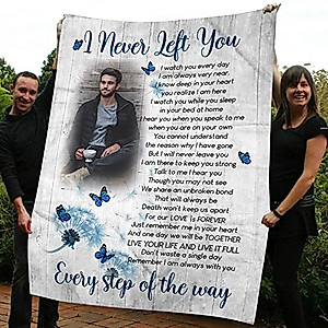 Personalized Memorial Blanket| I Never Left You Blue | Remembrance Blanket, Memorial Gift, Sympathy Blanket for Loss of Father, Mother, Husband in Heaven, in Loving Memory| T1057 (60x80 inch)