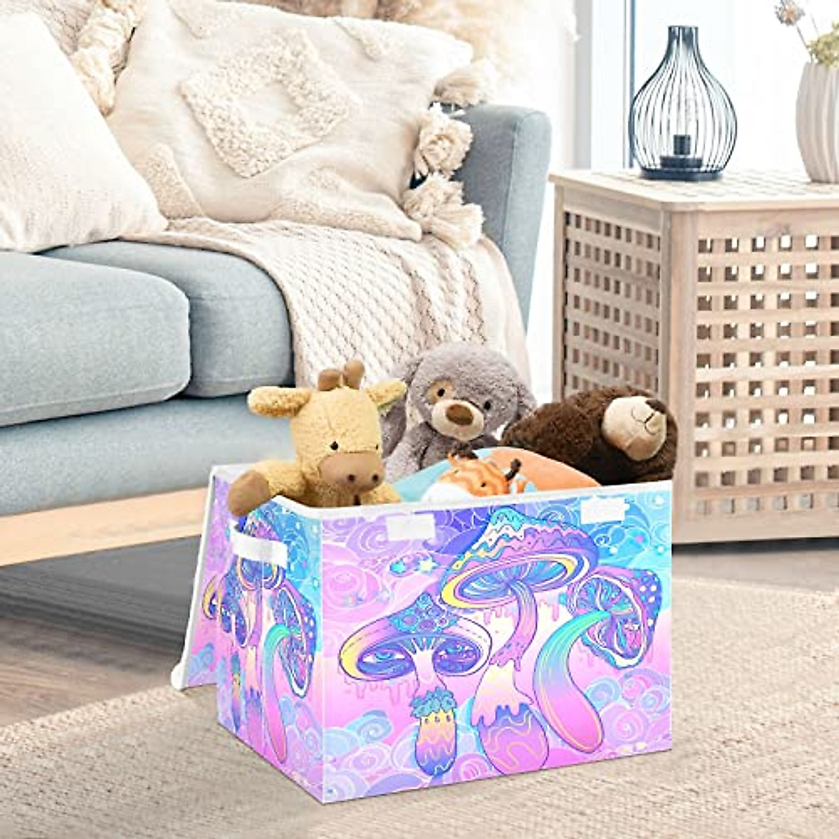 Blueangle Magic Mushrooms Storage Bins with Lids, 16.5 x 12.6 x 11.8 in, Large Collapsible Organizer Storage Basket for Home Office Décor（782）