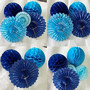 12pcs 6’’ 8’’ Honeycomb Balls Tissue Paper Fans Party Honeycomb Ball Fans Wall Decorations Tissue Pom Poms Flower Balls Hanging Paper Fans for Party Baby Shower Birthday Wedding Nursery(Blue kit)