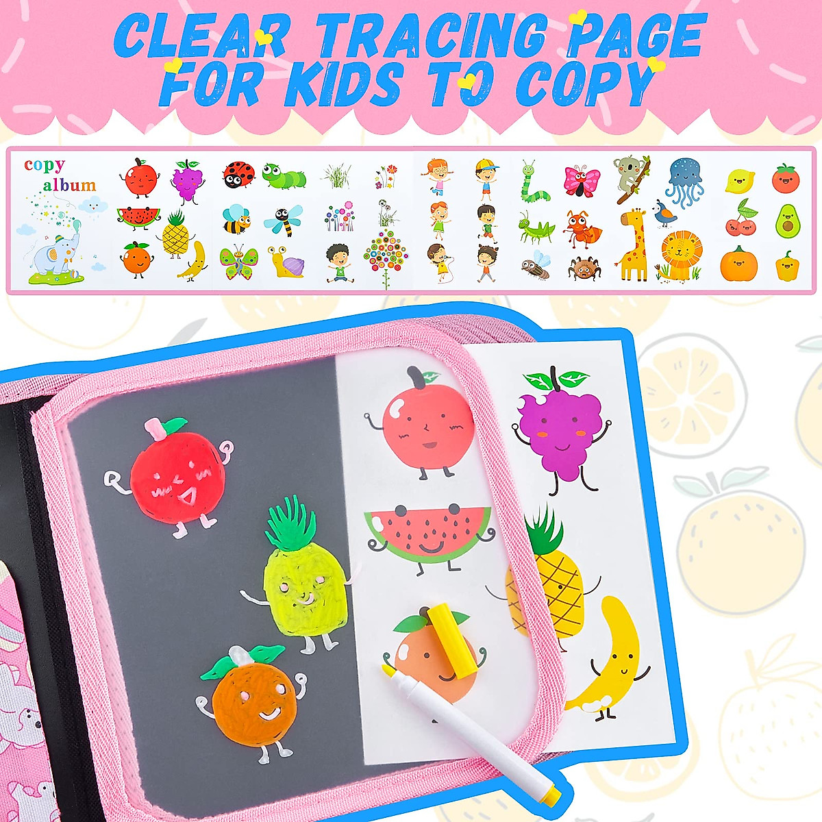 Erasable Doodle Book Set for Kids, Reusable Magic Drawing Book Writing Painting Set Travel Airplane Activity for Toddlers Age 3, 4, 5, 6 (Pink Unicorn)