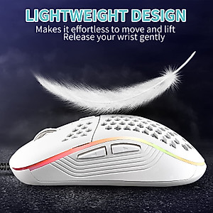 LETGOALL Lightweight Honeycomb Gaming Mouse, High Precision 7200DPI Optical Sensor, RGB Backlight, Wired, Ergonomic USB Computer Mouse for PC, Mac, Laptop (White)