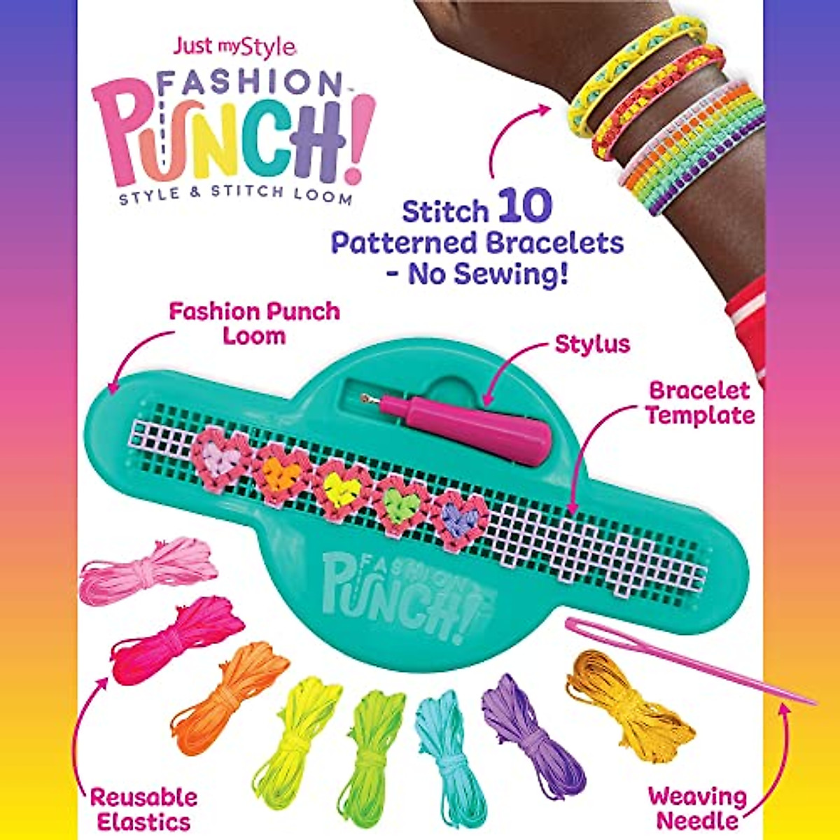 Just My Style Fashion Punch Style & Stitch Loom, Friendship Bracelet Kit, Jewelry Making Activity, Great for Birthday Parties, Sleepovers & Travel, Arts & Crafts for Kids Ages 6, 7, 8, 9