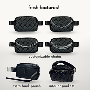 Boutique Luxury Chain Belt Bag | Crossbody Bag Leather Fanny Pack for Women Fashionable | Cute Everywhere Bum Hip Waist Pack | Small Travel Fashion Chest Bag (Extended Strap, Black Silver | Diamond)