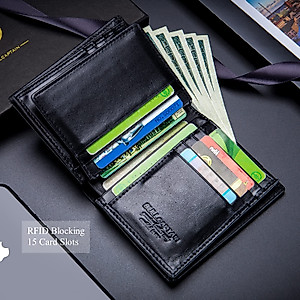 BULLCAPTAIN Large Capacity Genuine Leather Bifold Wallet/Credit Card Holder for Men with 15 Card Slots QB-027 (Black)