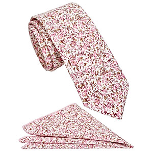 ZENXUS Mens Cotton Skinny Pink Floral Tie Combo Set with Pocket Square Pink Daisy