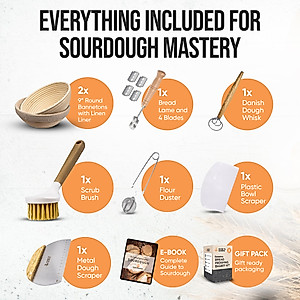 Banneton Bread Proofing Basket Set - 2x Round 9 inch Baskets Sourdough Bread Baking Supplies Sour Dough Scoring Tool - Proofing Bowls for Sourdough Bread Making Tools