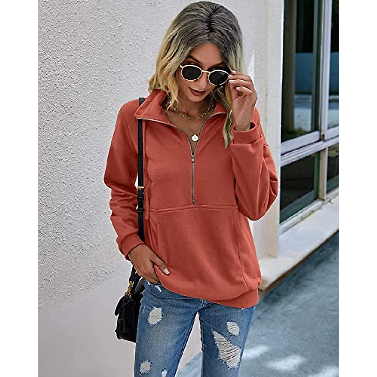 PRETTYGARDEN Women’s Casual Long Sleeve Lapel Zipper Sweatshirt Drawstring Loose Pullover Tops Orange Red